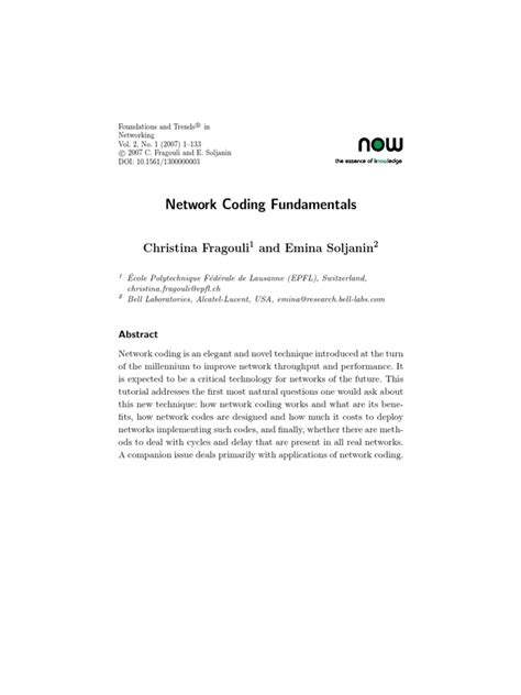 Network Coding Fundamentals By Christina Gragouli And Emina Soljanin Pdf Computer Network