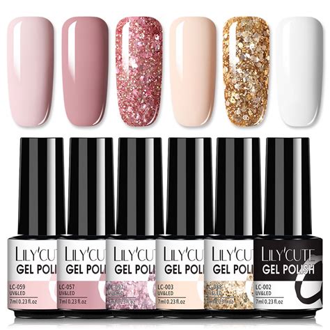 Lilycute 6pcs Rose Gold Glitter Nail Gel Polish Set Gel Polish Pink Nude Matte Effect Gel