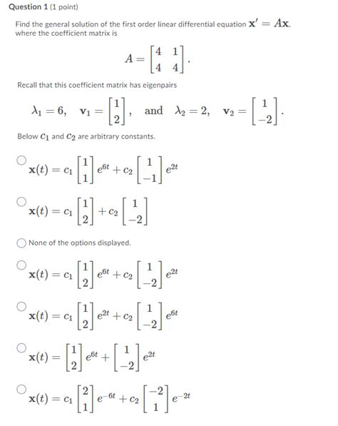 Solved Question 1 1 Point Find The General Solution Of The