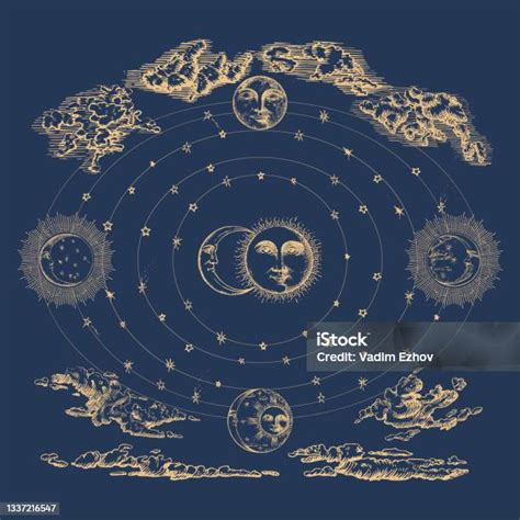 조각 스타일의 우주 기계 천상의 구 개념 벡터 그래픽 일러스트레이션 구름에 태양 달과 초승달의 난교 그림 달 하늘에 대한 스톡