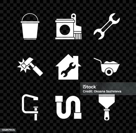 세트 버킷 페인트 버킷과 브러시 렌치 스패너 클램프 나사 도구 산업 파이프 퍼티 나이프 해머 및 하우스 수리 아이콘 벡터 갈고리 발톱에 대한 스톡 벡터 아트 및 기타 이미지