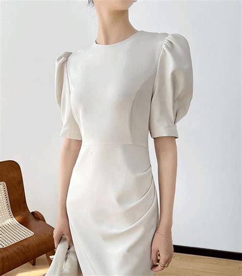 다바나 ★칼르 햅번 스타일 여름 반팔 미디 롱원피스 드레스★ 미디원피스 하이 웨이스트 슬림핏 베이지 뷔스티에 하객원피스 라운드넥 H라인 힙스커트 비지니스룩 오피스룩