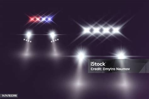 투명 한 배경에 격리 된 자동차 헤드 라이트의 현실적인 흰색 광선 둥근 광선 경찰 차 헤드라이트에서 켜집니다 경찰 순찰 3차원 형태에 대한 스톡 벡터 아트 및 기타 이미지