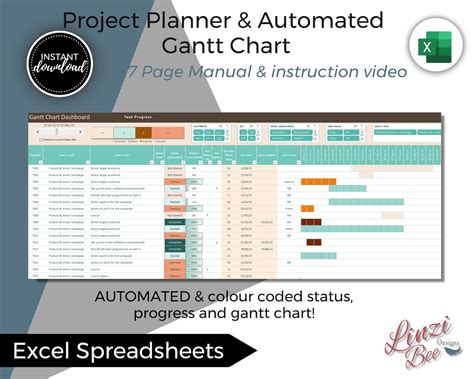 Automated Gantt Chart Excel Template Project Management Dashboard Digital Download Etsy