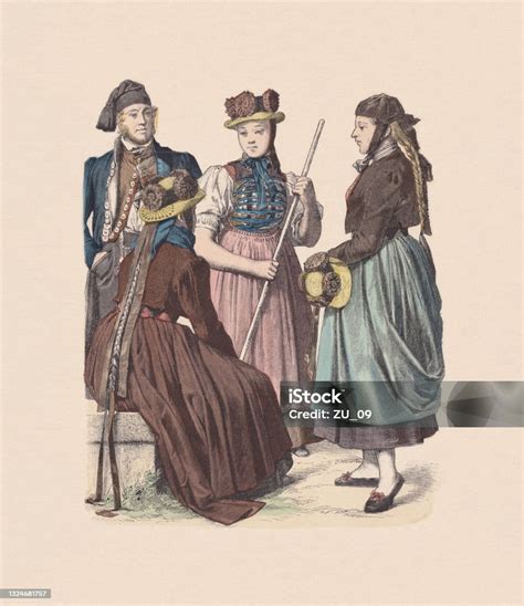 19세기 독일 의상 바덴 수작업으로 물색 나무 조각 출판 C1880 19세기에 대한 스톡 벡터 아트 및 기타 이미지 19세기 3 명 갈색 Istock