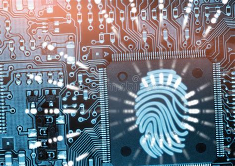 Fingerprint Biometric Scanner Against Microprocessor Connections On Blue Background Stock Image