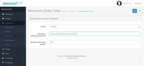 OpenCart Minimum Order Total
