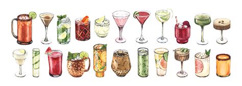 수채화 칵테일 잔 세트 마티니 진 와인 마가리타 잔 주류 럼주 손으로 그린 그림은 흰색 배경에 분리되어 있습니다 알코올 음료가 들어간 레시피 목록 카페에 딱 맞습니다 개체