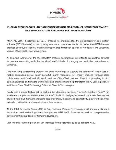 Phoenix Technologies Announces Its Uefi Bios Product Securecore