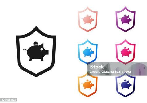 흰색 배경에 격리 된 방패 아이콘검은 돼지 저금통 아이콘 절약 또는 돈 투자의 축적 다채로운 아이콘을 설정합니다 벡터 검은색에 대한 스톡 벡터 아트 및 기타 이미지 Istock