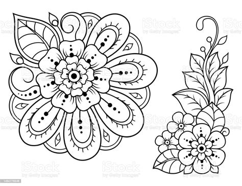 헤나 드로잉과 문신용 멘디 꽃 무늬 세트 민족 동양 인도 스타일의 장식 낙서 장식 개요 손 그리기 벡터 그림입니다 강렬하고 밝은