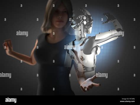 Woman And Hologram With Robot Stock Photo Alamy