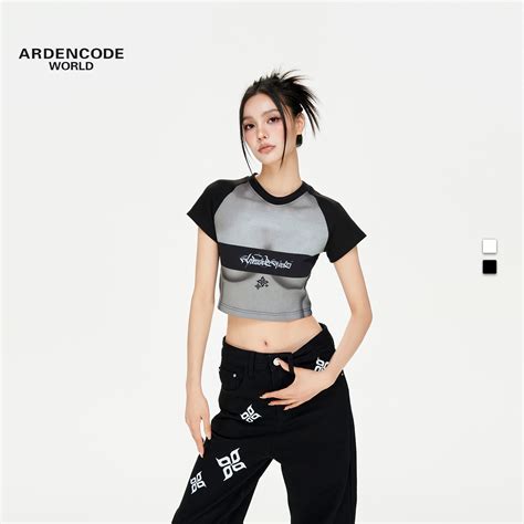 Ardencode W印记印花紧身露腰弹力针织短款短袖t恤 T11版型虎窝淘