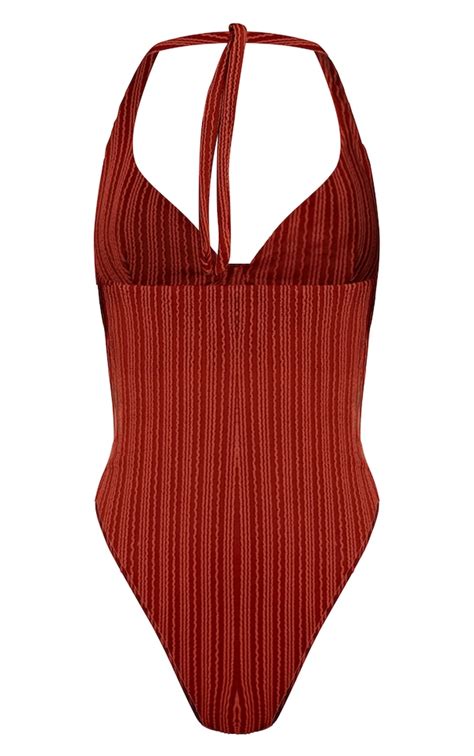 Rust Striped Textured Underwired Swimsuit Swimwear Plt
