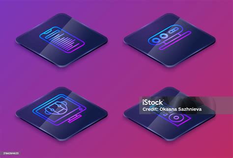 Set Isometric Line Computer Api Interface Bot 3d Scanning System And Remote Control Blue Square