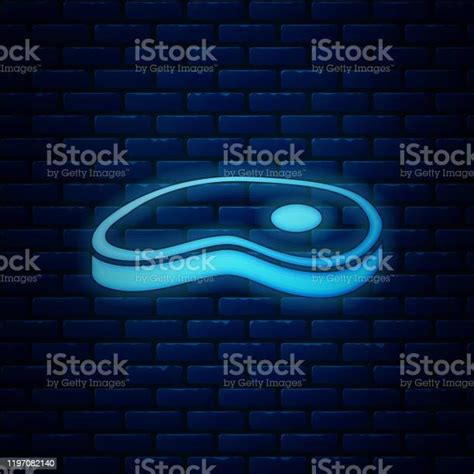 빛나는 네온 스테이크 고기 아이콘 벽돌 벽 배경에 격리 벡터 일러스트레이션 고기에 대한 스톡 벡터 아트 및 기타 이미지 고기 굽기 돼지고기 Istock