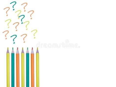 Coloured Pencils And Question Marks On White Background Stock