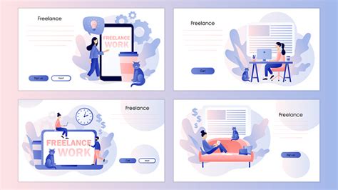 프리랜서 작업 개념입니다 작은 사람들은 홈 오피스에서 일합니다 모바일 스마트 폰 방문 페이지 템플릿 Ui 웹 모바일 앱 포스터 배너 전단지용 화면 템플릿 현대 평면 만화