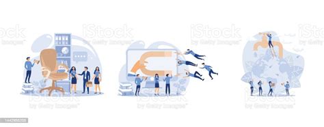 모집 모집 대행사 구직자 구직자 및 사무실 의자 공석 잠재 고객 생성 에너지와 물 절약 평면 벡터 현대 그림 설정 유지에 대한