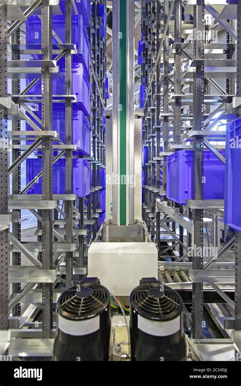 Automated Warehouse Plastic Crates Storage Retrieval System Stock Photo