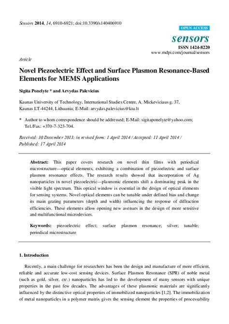 Pdf Novel Piezoelectric Effect And Surface Plasmon Resonance Based Elements For Mems Applications