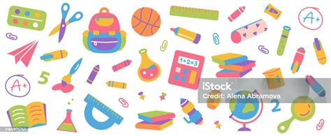 용품이 있는 학교 배너 학용품 및 교육 스티커의 큰 세트 교육 과학 개념 배낭 농구 크레용 글로브 가위 페인트 펜 통치자 계산기 책 0명에 대한 스톡 벡터 아트 및 기타