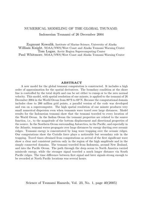 Pdf Numerical Modeling Of The Global Tsunami Indonesian Tsunami Of