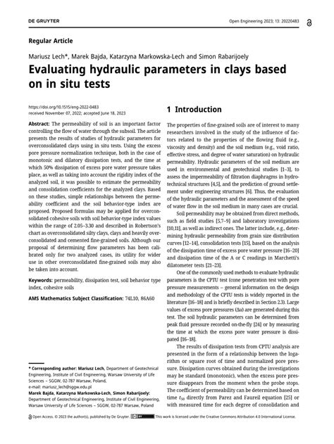 Pdf Evaluating Hydraulic Parameters In Clays Based On In Situ Tests