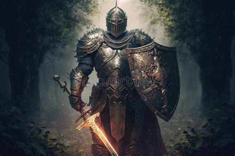 Fantasy Warrior In Armor With Walking Knight Sword Stock Illustration