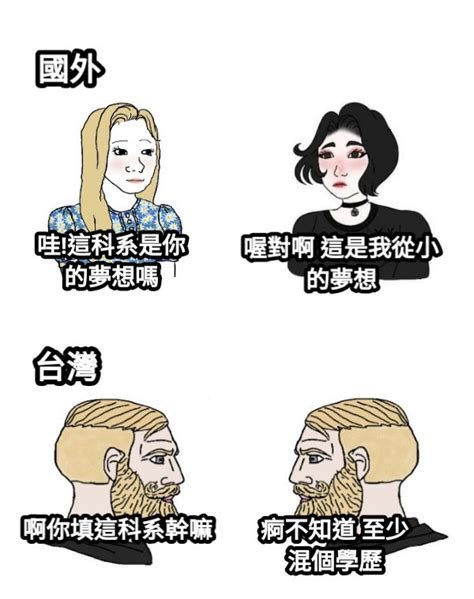 國外 哇 這科系是你的夢想嗎 喔對啊 這是我從小的夢想 台灣 啊你填這科系幹嘛 痾不知道 至少混個學歷