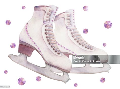 손으로 그린 수채화 피겨 스케이팅 부츠 한 켤레 크리스탈 모조 다이아몬드 겨울 스포츠 신발 흰색 배경에 분리된 그림입니다 디자인 포스터 인쇄물 웹 사이트 카드 초대장 상점