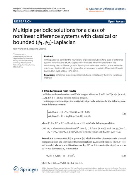 Pdf Multiple Periodic Solutions For A Class Of Nonlinear Difference Systems With Classical Or