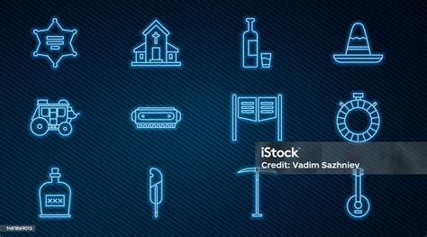 세트 라인 밴조 매점 물병 위스키와 유리 하모니카 서양 역마차 헥사그램 보안관 술집 문 및 교회 건물 아이콘 벡터 개척시대의 서부에 대한 스톡 벡터 아트 및 기타 이미지