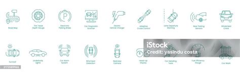 로드맵 타이어 트레드 깊이 게이지 전자 주차 브레이크 자동차 진단 스캐너 전기 자동차 충전기 적응 형 크루즈 컨트롤 차선 이탈 경고 후면 주차 센서 벡터 아이콘 세트 0명에