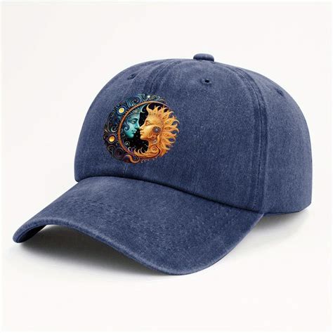 Temu｜햇빛과 달빛을 의인화한 야구 모자 남녀 공용 코튼 모자 조절 가능한 끈 가볍고 손세척 가능 예술적 조화 디자인이 특징인 캐주얼 모자 Women