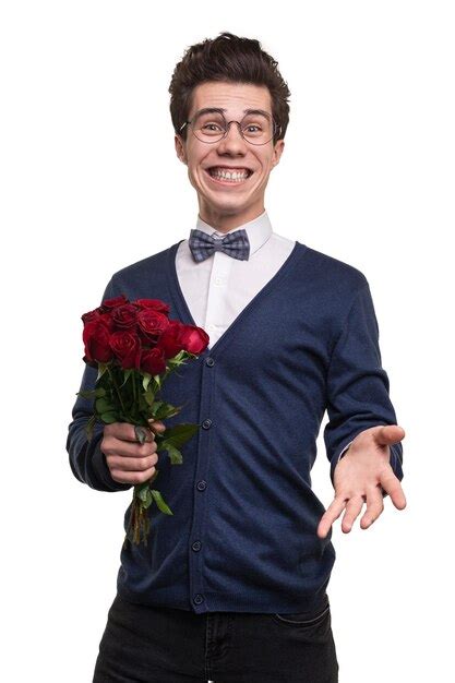 Premium Photo Funny Nerd With Bouquet During Date
