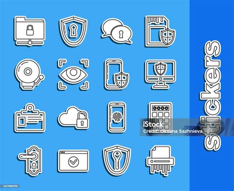 라인 용지 분쇄기 기밀 컴퓨터 모니터 실드 개인 데이터 보호 눈 스캔 울리는 알람 벨 Ftp 폴더 잠금 및 보안 아이콘이있는 스마트 폰을 설정합니다 벡터 개성 개념에 대한