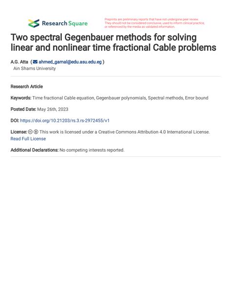 Pdf Two Spectral Gegenbauer Methods For Solving Linear And Nonlinear Time Fractional Cable