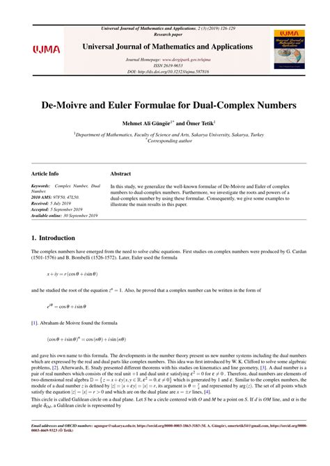 Pdf De Moivre And Euler Formulae For Dual Complex Numbers