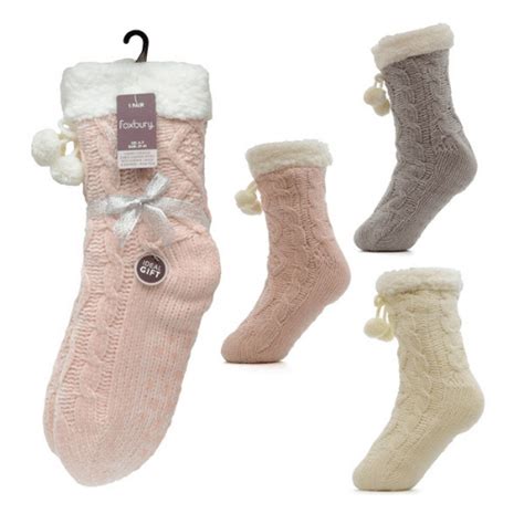 Ladies Chenille Cable Lounge Socks With Sherpa Lining And Gripper Wholesale Socks Wholesale