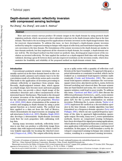 Pdf Depth Domain Seismic Reflectivity Inversion With Compressed Sensing Technique
