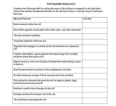 Solved Cell Organelles Homework 3 Complete The Following Table By