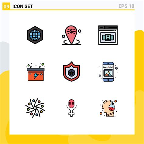 Mobile Interface Filledline Flat Color Set Of 9 Pictograms Of Sheriff Car Placeholder Battery