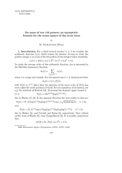 Pdf On Sums Of Two K Th Powers An Asymptotic Formula For The Mean Square Of The Error Term