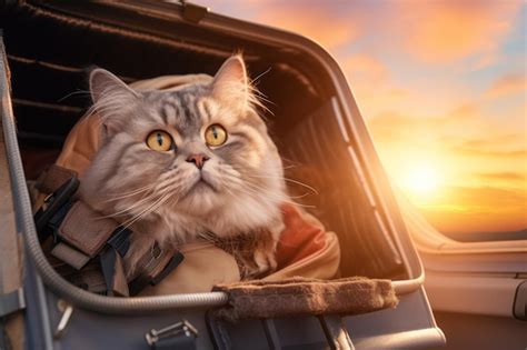 Premium Ai Image Cat In Carrying Case At Airplane In Sunrise