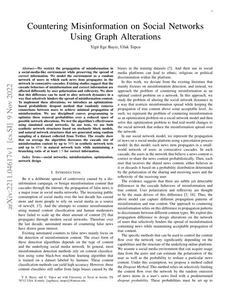 Pdf Countering Misinformation On Social Networks Using Graph Alterations