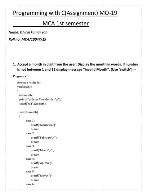 programming with c assignment mo 19 mca 1st semester name dhiraj