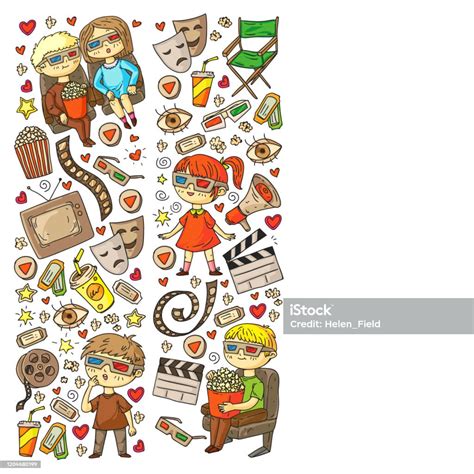 포장지 포스터 배너 전단지에 대한 벡터 아이콘이있는 시네마 패턴 3d 영화 Tv 뮤지컬 3차원 형태에 대한 스톡 벡터 아트 및 기타 이미지 Istock