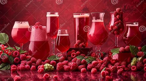 Raspberry Beer Glasses And Fresh Raspberries And Hops On A Reflective