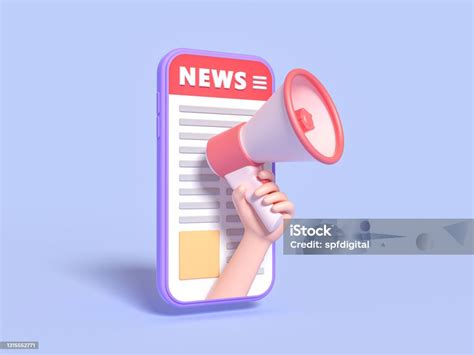 휴대 전화에 메가 폰이나 라우드 스피커와 손에서 뉴스 정보 경고 평면 만화는 파란색 배경에 알림 배너 기호를 발표합니다 3d